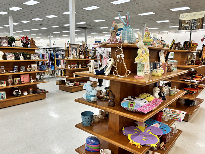 Whimsical figurines and seasonal decorations create a curated chaos of charm&mdash;from Easter bunnies to decorative plates, each seeking a new mantel to grace.