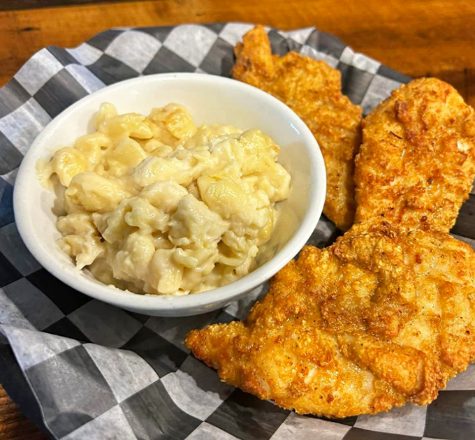 Mac and cheese that doesn't apologize for being exactly what it is&mdash;pure, creamy comfort. Those honey tenders are the perfect dance partners.