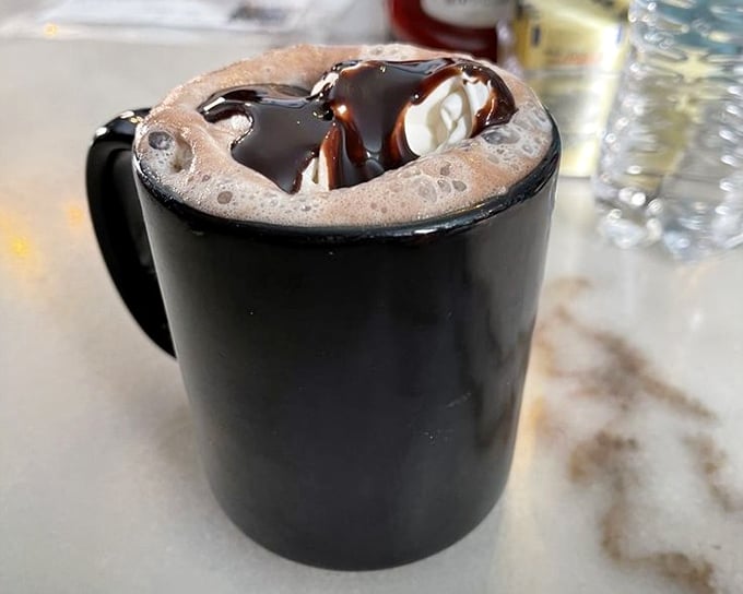 Hot chocolate that doesn't just warm your hands but hugs your soul. That chocolate drizzle is writing love poems to your taste buds.