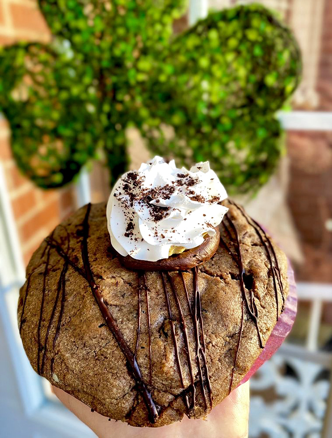 This cookie doesn't just have chocolate drizzle&mdash;it's wearing its finest outfit, complete with whipped cream hat and chocolate accessories.