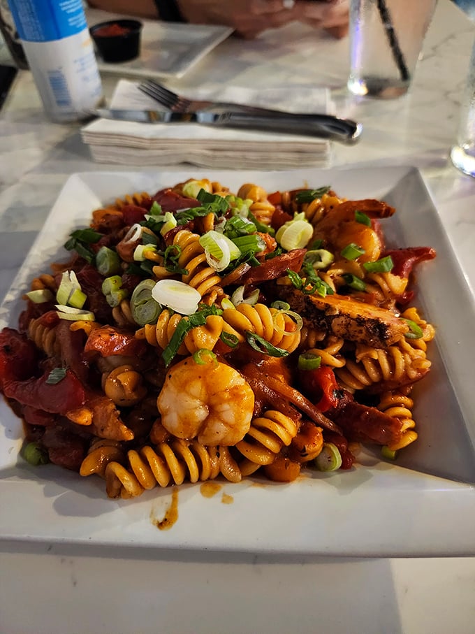 Pasta joins the party with plump shrimp and a sauce so good you'll contemplate drinking what remains when the fork retires.