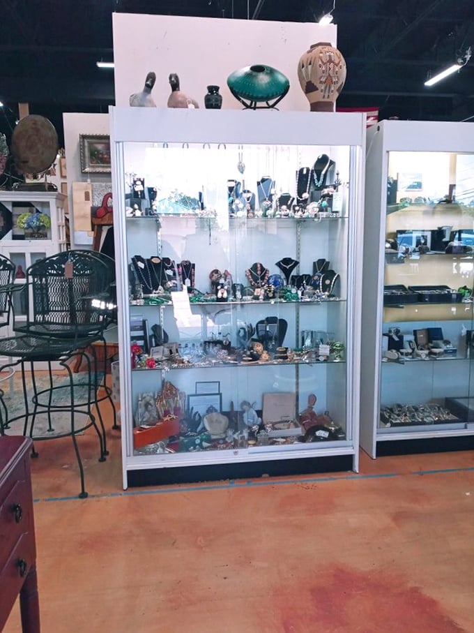 Jewelry cases that sparkle with history. Each necklace and brooch once adorned someone's special occasion &ndash; now waiting for yours. 