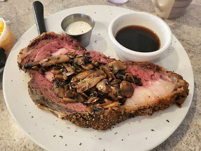Prime rib crowned with saut&eacute;ed mushrooms isn't just dinner&mdash;it's a celebration of carnivorous pleasures that demands your full attention.