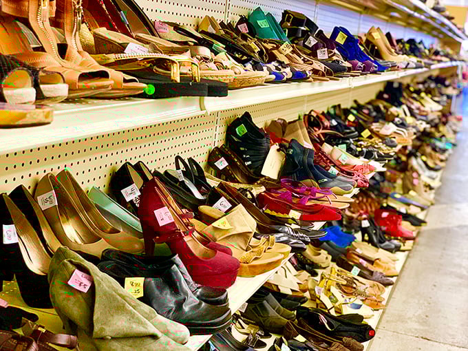 The footwear rainbow&mdash;where practical flats neighbor with party heels in a democratic display of shoe possibilities.