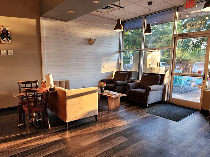 Comfortable lounge seating invites you to linger after your meal, contemplating a second round or maybe that banana pudding you've been eyeing.