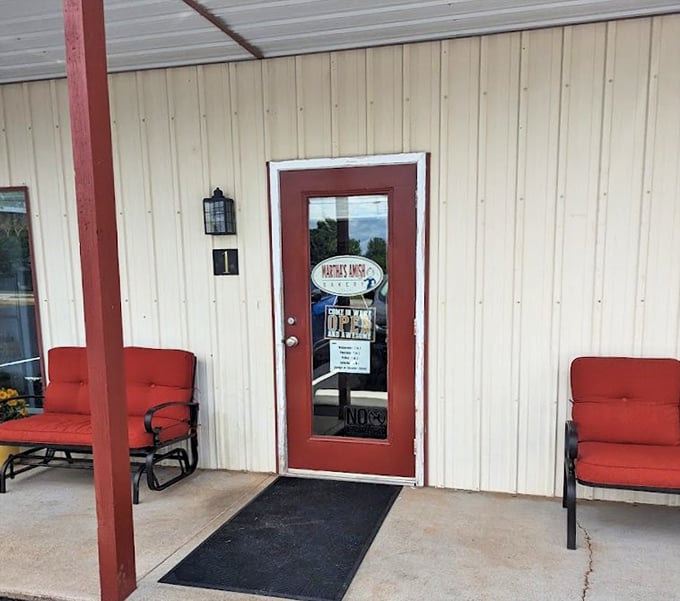 Red chairs invite you to sit a spell before or after your bakery adventure. The perfect spot for that "I can't believe I ate that whole thing" moment.