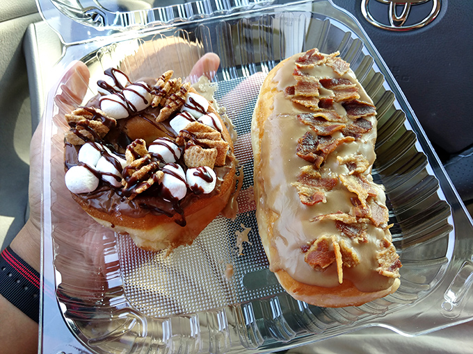 Maple bacon and s'mores donuts proving that breakfast, lunch, dinner, and campfire desserts can peacefully coexist in pastry form.