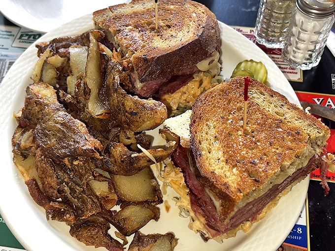 This Reuben sandwich challenges the laws of physics while satisfying every deli meat fantasy.