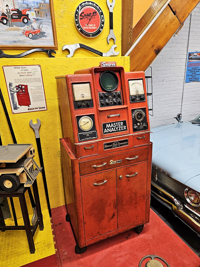 The "Master Analyzer" looks like something from a 1950s sci-fi film. Mechanics once used this red beauty to diagnose car troubles.