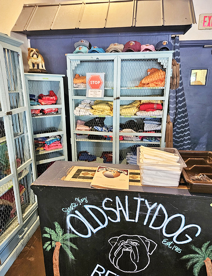 The merchandise corner proudly displays "Old Salty Dog" gear&mdash;because the best souvenirs are the ones that make friends back home jealous of your food discoveries.