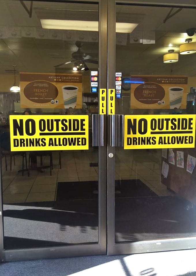 The "No Outside Drinks" sign&mdash;a small reminder that this establishment takes its beverage program seriously, thank you very much.