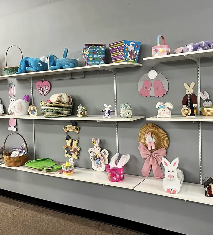 The seasonal section transforms throughout the year, with Easter bunnies and spring decor making way for summer, fall, and Christmas treasures.