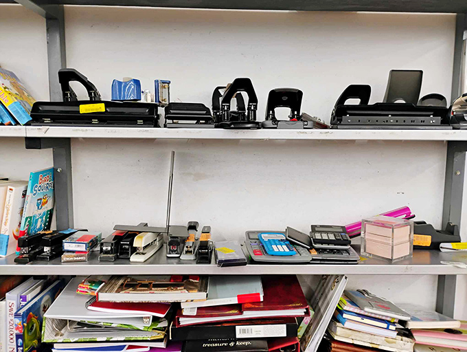 A graveyard of hole punchers and staplers where office supplies go for their golden retirement years, still ready to serve at a fraction of their original price.