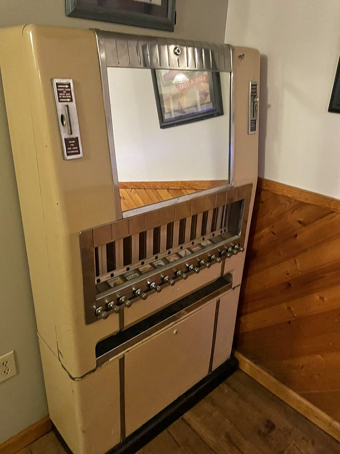 This vintage cigarette machine now stands as a charming relic of bygone days. If these walls could talk, they'd probably order the biscuits and gravy.