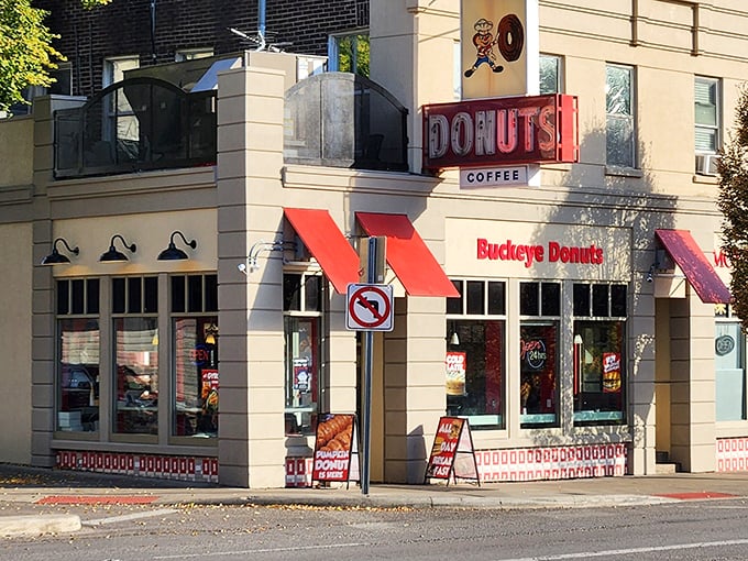 The corner location means you can spot Buckeye Donuts from blocks away, like a sugary lighthouse guiding you home.
