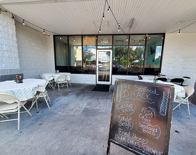 Al fresco dining with a chalkboard menu that reads like a love letter to seafood enthusiasts. This patio isn't just outdoor seating—it's where vitamin D meets vitamin Sea.