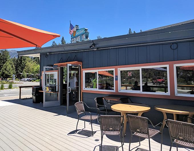 Outdoor seating where the mountain air makes everything taste better, especially when paired with Tahoe's famous blue sky.