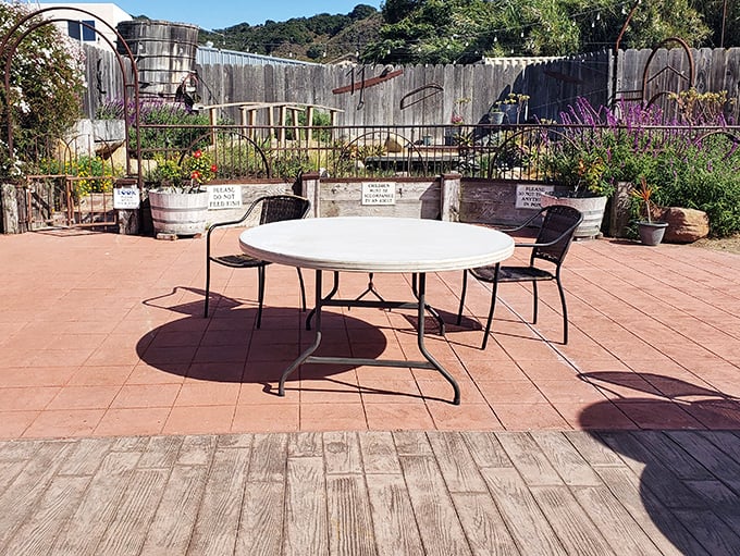 The outdoor patio waits patiently for afternoon gatherings&mdash;a sun-drenched spot where post-meal conversations stretch into evening.