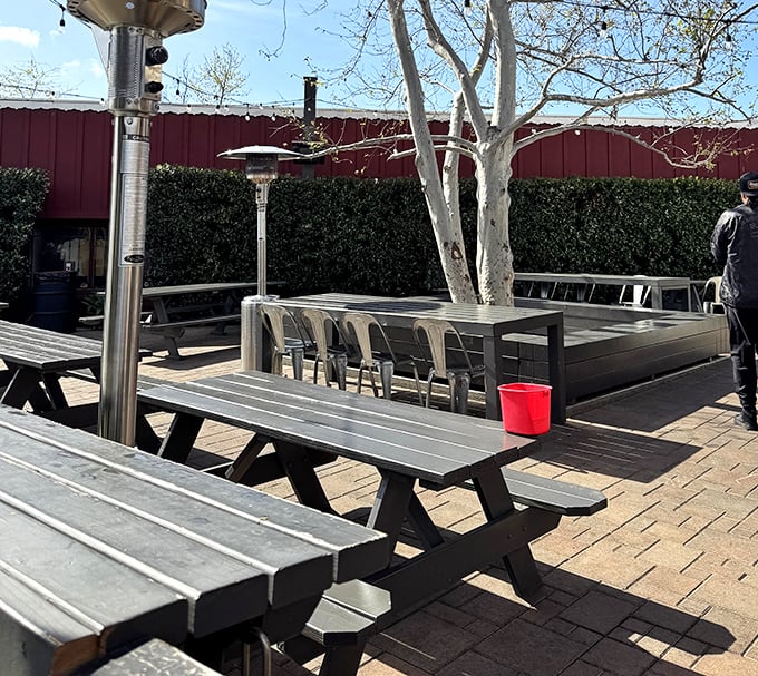 Picnic tables under California skies—the perfect setting for the serious business of enjoying life one bite at a time.
