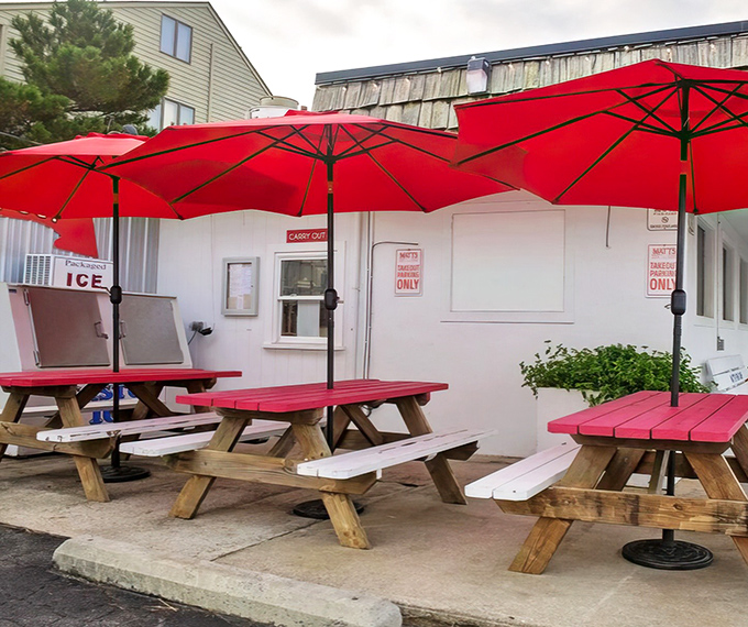 Outdoor picnic tables under cherry-red umbrellas&mdash;where the sea breeze serves as nature's appetizer before the main event.