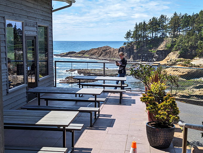 Outdoor seating for the brave Oregon souls who consider 60 degrees "patio weather." The panoramic ocean views make any goosebumps worthwhile.