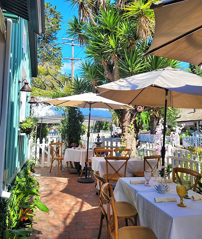 Outdoor seating that captures California's perfect weather advantage. Umbrellas provide shade while palm trees provide the vacation vibes.
