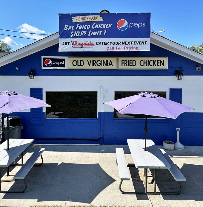 Picnic tables under purple umbrellas&mdash;summer's perfect stage for chicken feasts. Even sunshine knows to show up for Wayside's outdoor dining experience.