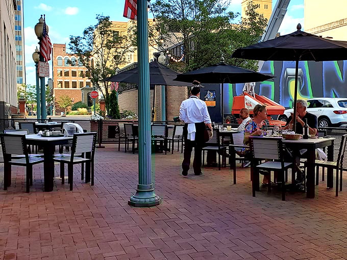 Al fresco dining, Canton-style. The brick patio offers a front-row seat to downtown life with service that makes you feel like a regular.