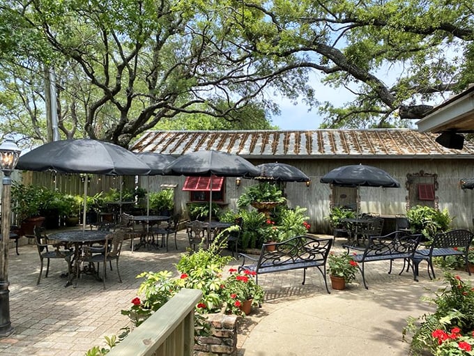 The garden patio offers a shaded sanctuary where umbrellas stand guard against the Florida sun while flowers provide a colorful supporting cast.