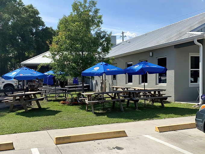 Florida sunshine and barbecue make natural partners on the outdoor patio. Those blue umbrellas have witnessed many sauce-stained smiles.