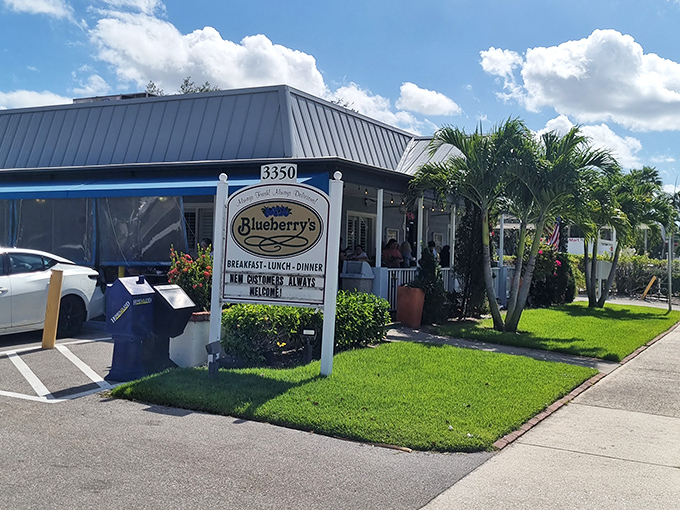 Curb appeal that whispers "breakfast legends made here." The sign promises three meals, but locals know morning is when Blueberry's truly shines.