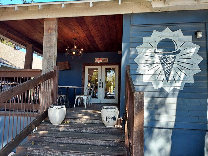 The front porch welcomes ice cream pilgrims with rustic charm and the promise of cool delights within.