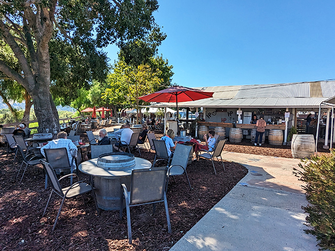 California outdoor dining at its finest &ndash; where wine barrels become tables and oak trees provide natural ambiance. Al fresco eating as it should be.