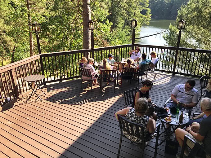 The outdoor deck offers front-row seats to nature's show, where pine-scented breezes enhance every sip and conversation.