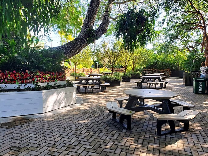 The shaded outdoor seating area offers a tranquil spot to savor your slice while surrounded by tropical greenery and Florida sunshine.