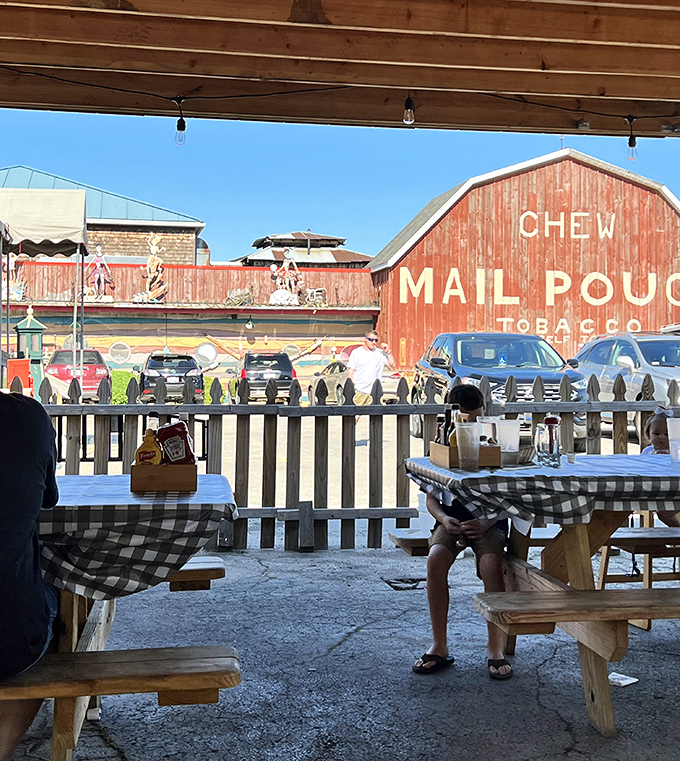 Outdoor seating with a view of small-town Americana. Those checkered tablecloths promise no-nonsense good food is coming your way. 