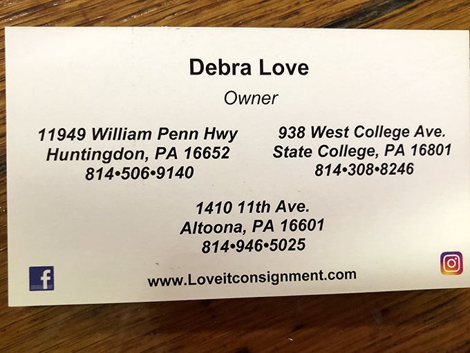 The business card reveals a consignment empire with three Pennsylvania locations. Love It has clearly mastered the art of expansion.