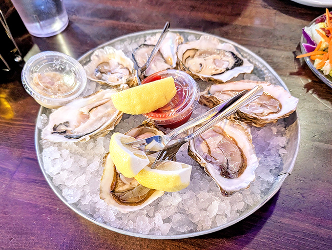 Fresh oysters on ice, glistening with briny promise&mdash;nature's perfect appetizer complemented by just lemon and cocktail sauce.