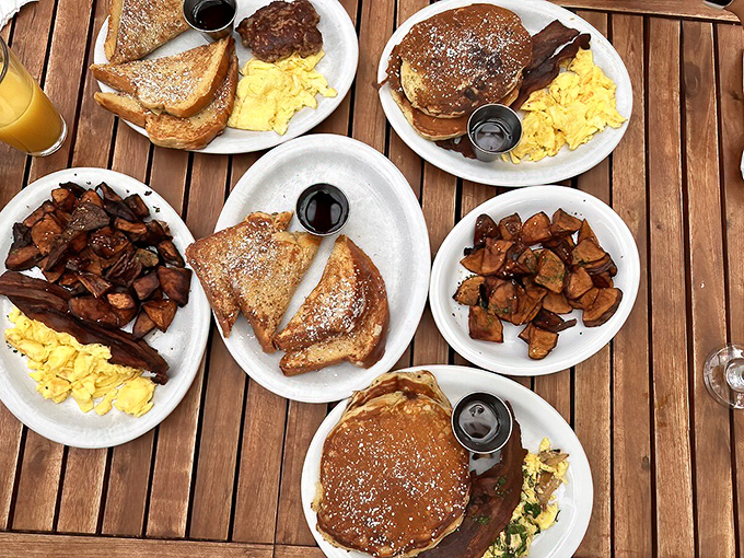 A breakfast spread that would make Ron Swanson weep with joy&mdash;golden pancakes, perfect eggs, and potatoes that redefine "home fries."