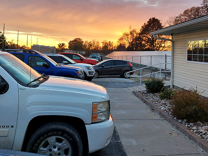 A full parking lot at sunset speaks volumes about this hidden gem's local reputation.