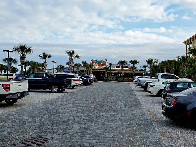 The parking lot: where anticipation begins and post-meal food comas end. That full lot tells you everything you need to know.