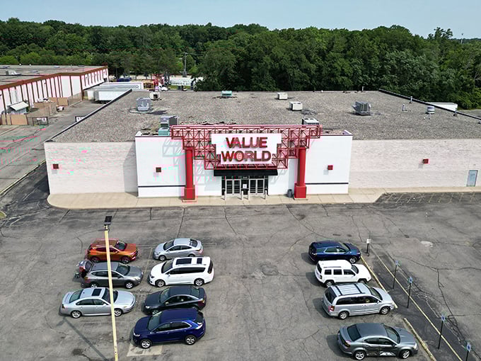 From above, Value World's expansive footprint reveals just how much treasure hunting space awaits inside this suburban Michigan bargain mecca.
