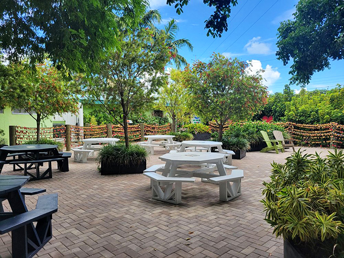 The garden patio offers shaded seating where time slows down and pie appreciation reaches zen-like levels.