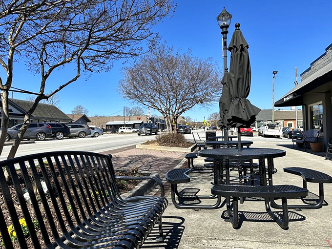 Downtown Tucker's outdoor seating &ndash; where after a plate of comfort food, you can watch the world go by at a properly Southern pace.