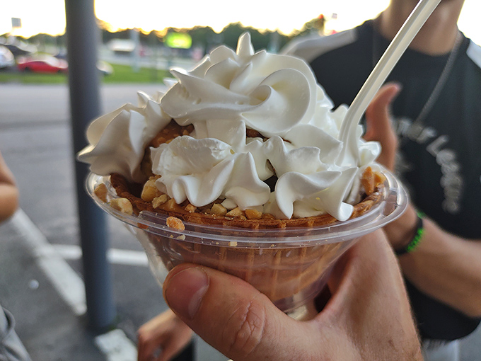 Peanut butter sundae topped with enough whipped cream to make George Washington Carver proud of his legacy.
