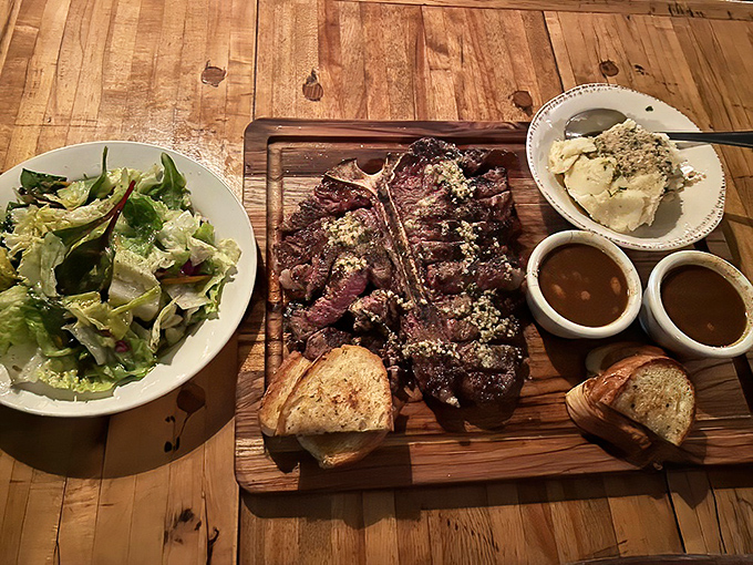 A porterhouse presented like the work of art it is&mdash;perfectly seared, expertly sliced, accompanied by sides that know their supporting role.