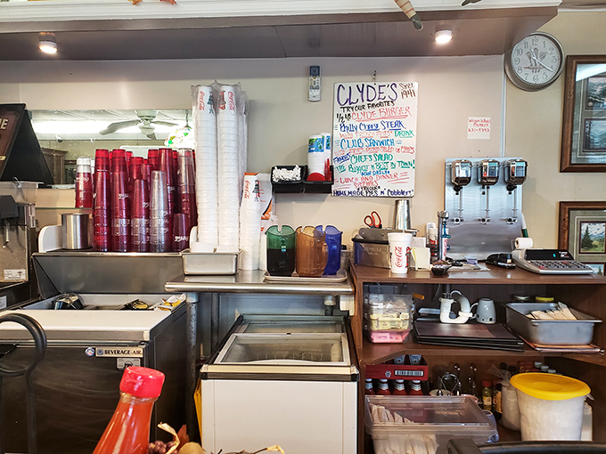 Behind every great meal is an organized prep station. The handwritten specials board promises treasures beyond the regular menu.