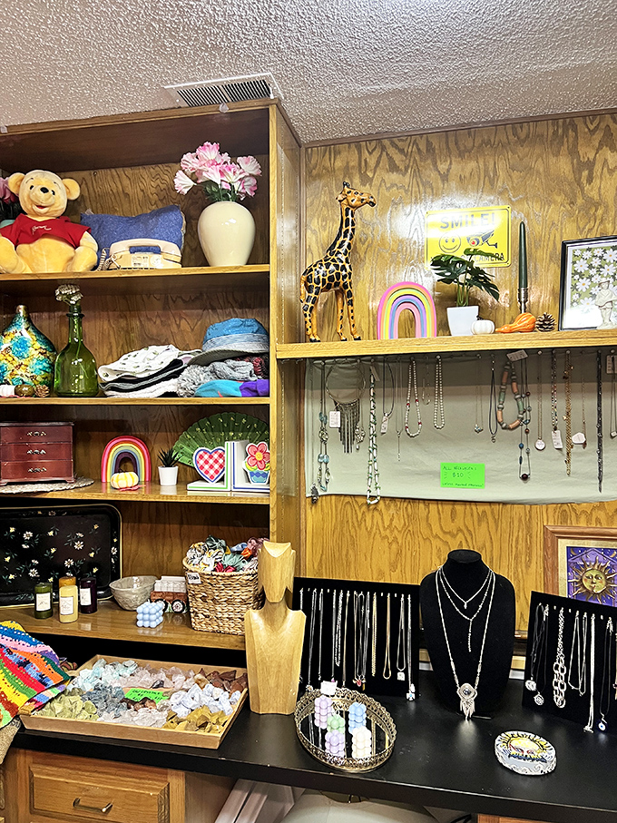 Not just jewelry&mdash;wearable memories displayed with care. That giraffe figurine stands guard over a rainbow of accessories.