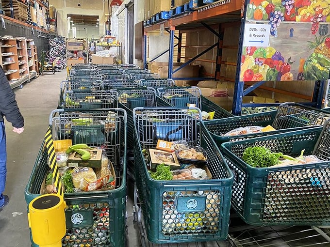 Not just groceries! Mercy Warehouse also distributes food to those in need, with shopping carts brimming with fresh produce and pantry essentials.