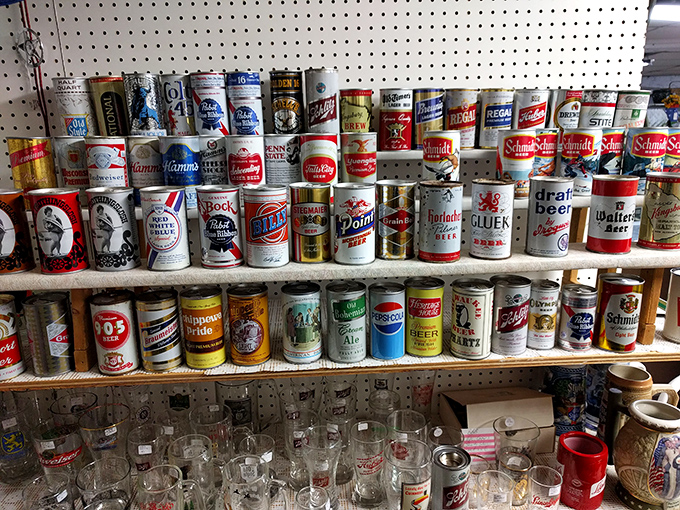 A beer can collector's dream&mdash;rows of vintage brews telling the story of American advertising one pull-tab at a time.